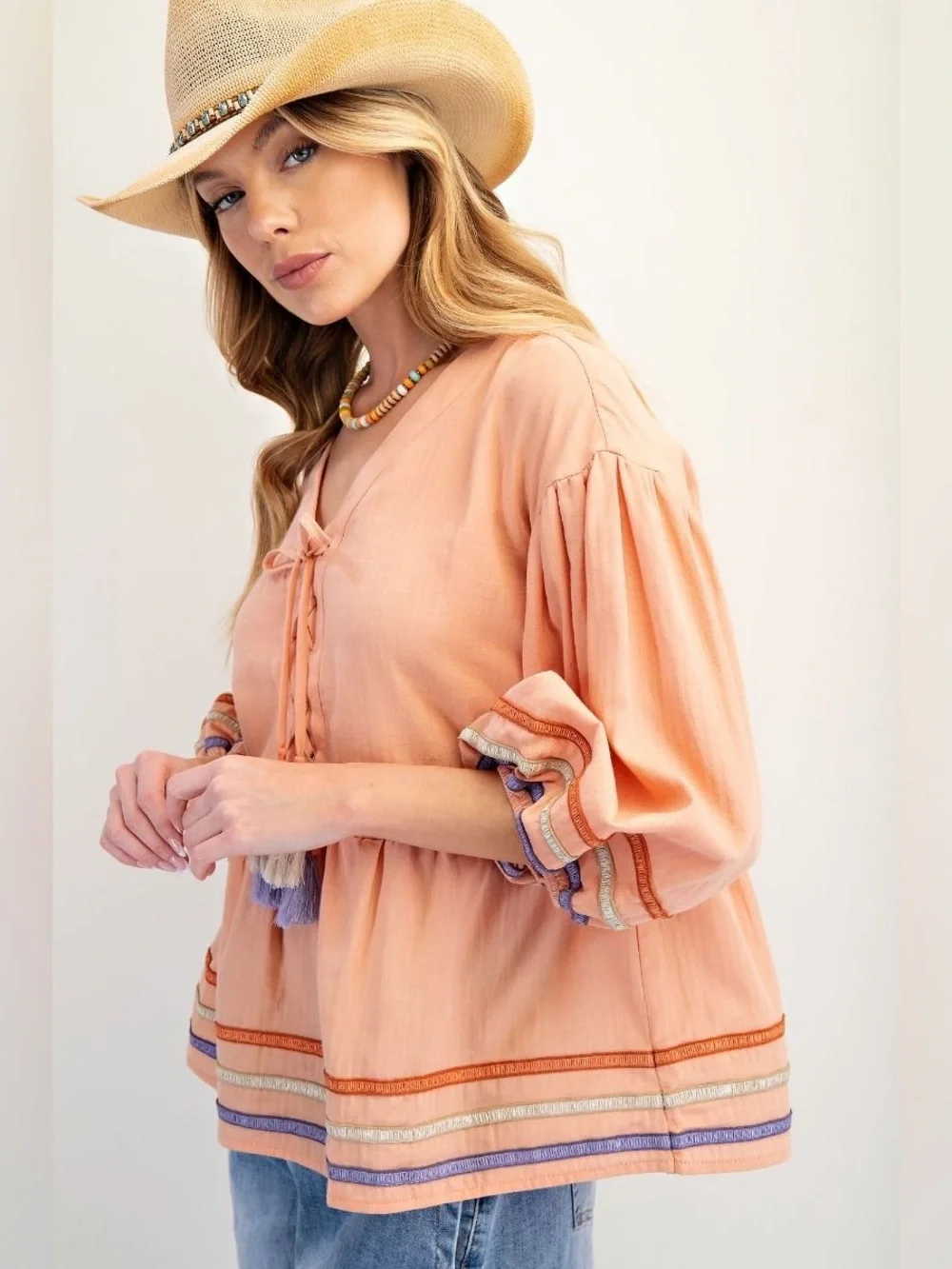 easel | Tops | Easel Blush Lace Up Tassel Embroidered Tunic | Poshmark